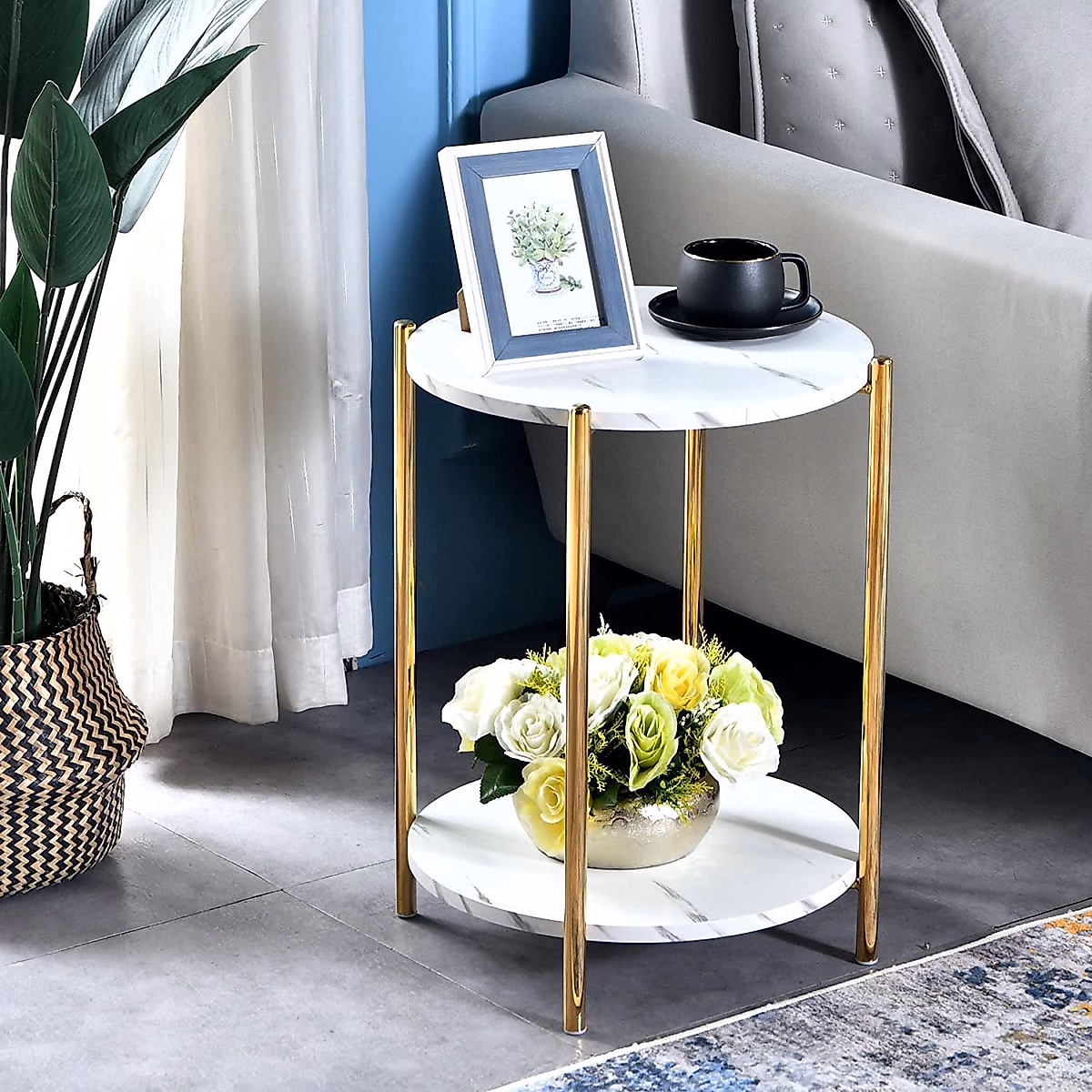 Gold End Table Faux Marble Side Table Small Round Nightstand for Living Room or Bedroom Modern Accent Table with Gold Metal Frame