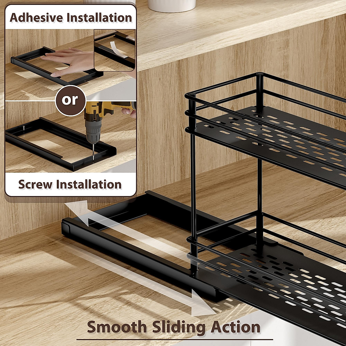 Tikea Spice Rack Organizer 2-Pack, 2-Tier Pull Out Seasoning Rack for Kitchen Cabinet, Spice Drawer Organizer Shelf for Small Space, Condiment Storage, 5.3''W x 10.4''D x 8.9''H