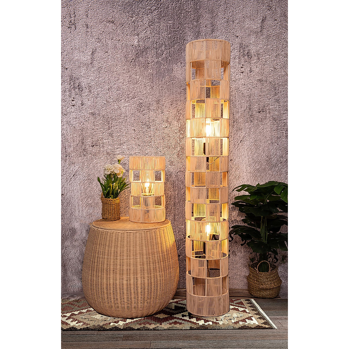 ELE LIGHT & DECOR Modern Standing Floor Lamp for Living Room & Bedroom 2-Lights Handcrafted Natural Rattan Corner Lamp with Bamboo, Perfect Boho Decor for Home Coastal Tall Lamps