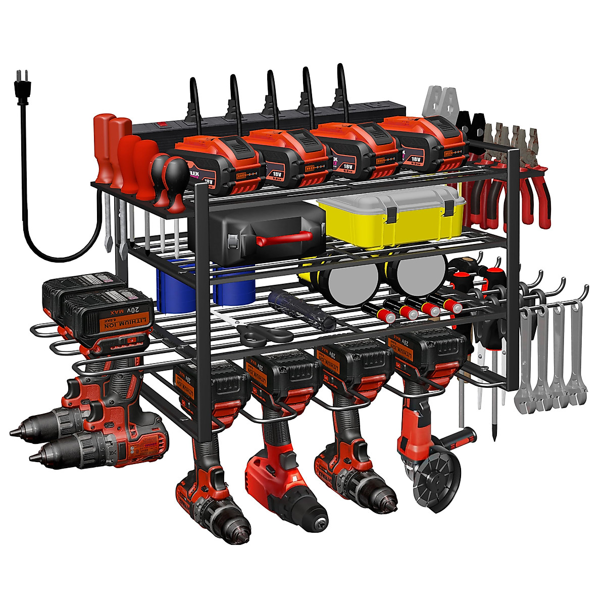 Spaclear Power Tool Organizer Wall Mount with Charging Station Garage Tools and Battery Storage Rack 4 Layer 6 Drill Holder Utility Rack Tool Shelf with Screwdriver/Plier/Hammer Holder Gift for Men