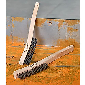 Wire Brush Set,Heavy Duty Carbon Steel and Stainless Steel Wire Scratch Brush for Cleaning Rust with 14" Long Curved Beechwood Handle,2 Pieces,Large