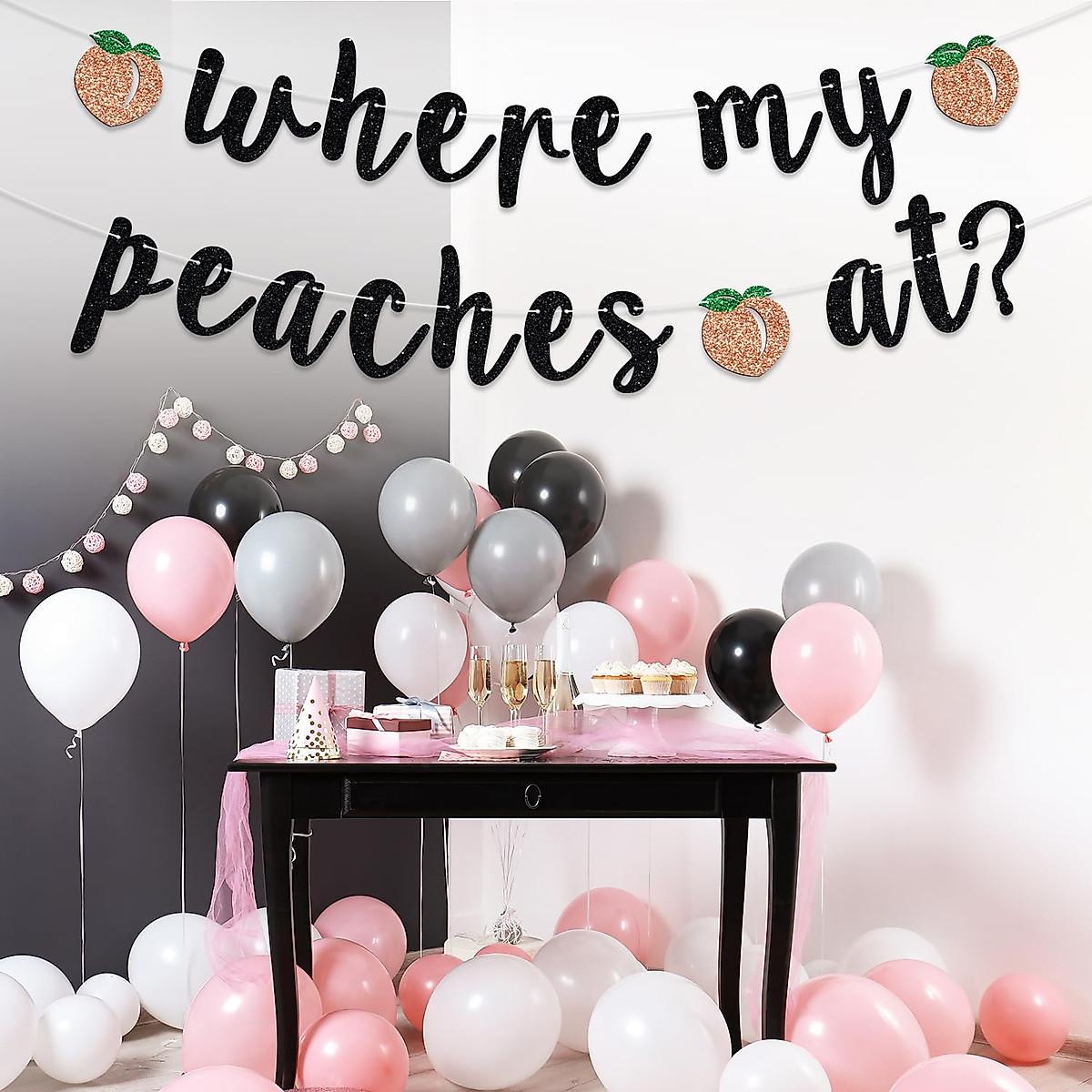 Where My Peaches at Banner, Bride to Be Bachelorette Party Decorations, Funny Peach Garland for Summer Fruit Peach Bridal Shower Engagement Wedding Party Sign Decoration Supplies, Black Glitter
