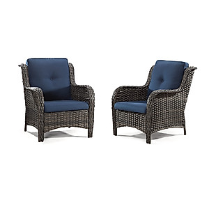 Joyside Outdoor Wicker Chair Rattan Patio Dining Chairs Set of 2 PE Wicker Patio Chairs with 4inch Seat Cushions Outdoor Patio Seating Chair for Garden, Backyard Deck(Mixed Grey/Blue)