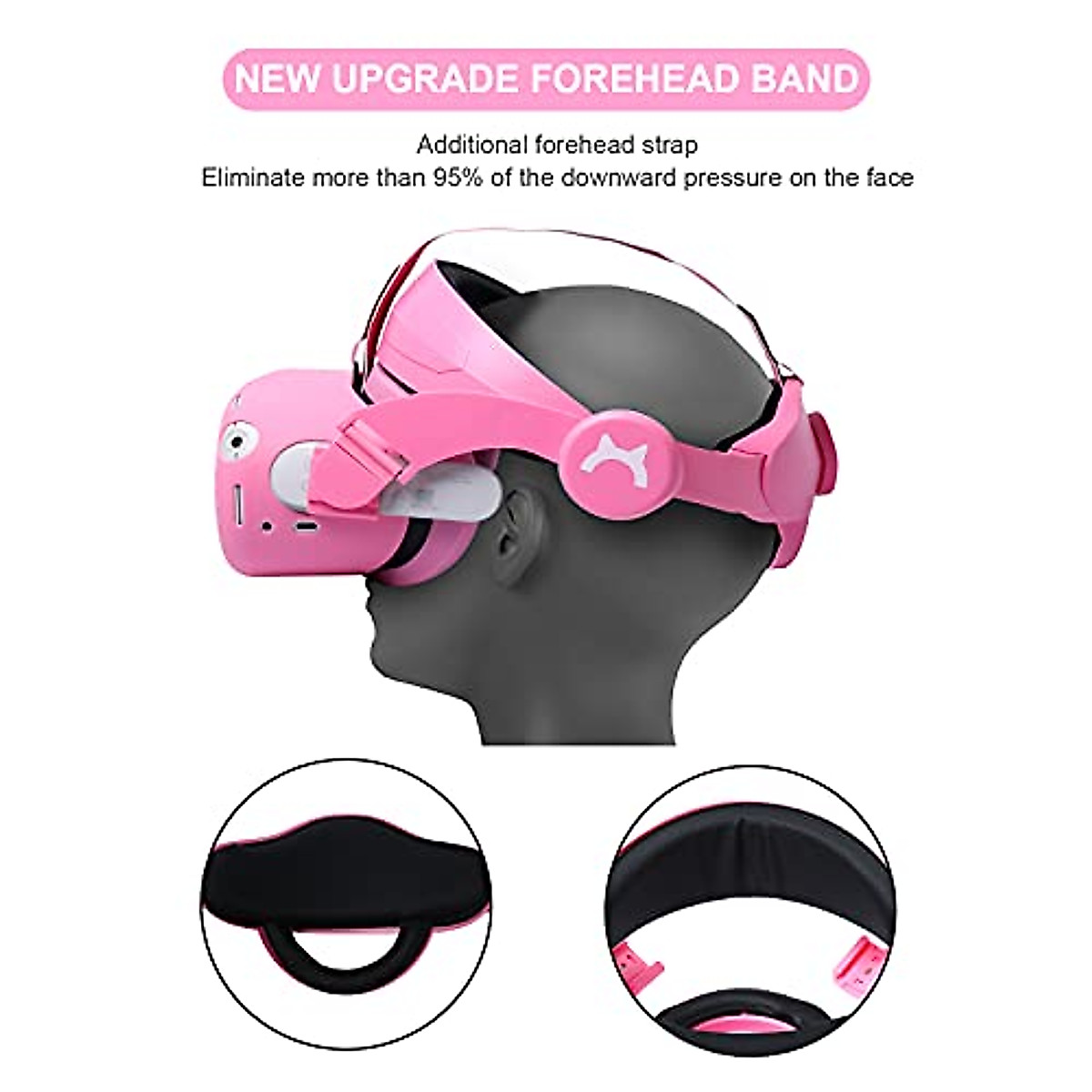 MODJUEGO VR Adjustable Head Strap for Oculus Quest 2 Accessories with Silicone Touch Controller Grip Cover,Barbie Pink 6 in1 VR Shell Protector Cover & VR Face Cover Replacement Set