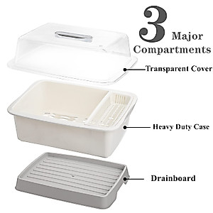 Lyellfe Plastic Dish Drying Rack, Dish Dryer Holder with Cover Lid and Removable Drainboard, White Utensil and Cup Holder for Kitchen Counter, Dish Dryer Shelf, Medium Size