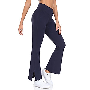 YUNOGA Women's Flare Leggings with Pockets, Crossover High Waist Buttery Soft Bootcut Yoga Pants, Split-Hem Bell Bottom Pants (L, Navy)