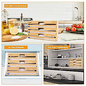 Bamboo Foil and Wrap Dispenser with Slide Cutter, 3 in 1 Plastic Wrap, Aluminum Foil and Wax Paper Organizer Holder Bamboo Tin Foil Roll Dispenser for Kitchen Drawer Compatible with 12 Inches Roll