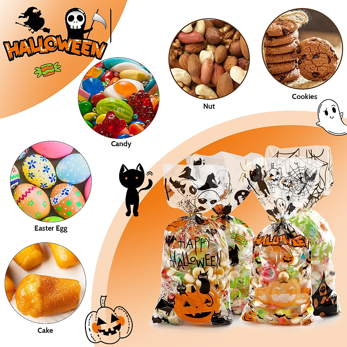 SHTALHST Halloween Treat Bags, 200 pcs (4.9” x 10.8”) Halloween Cellophane Treat Bags, Halloween Bags for Candy with Fun Friendly Designs, Halloween Party Decorations, Spooky Treat Bags