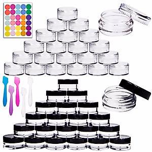 Youngever 140 Pcs Empty Plastic Cosmetic Samples Containers, Plastic Jars With Lids, 5 Mini Spatulas (3 Gram)