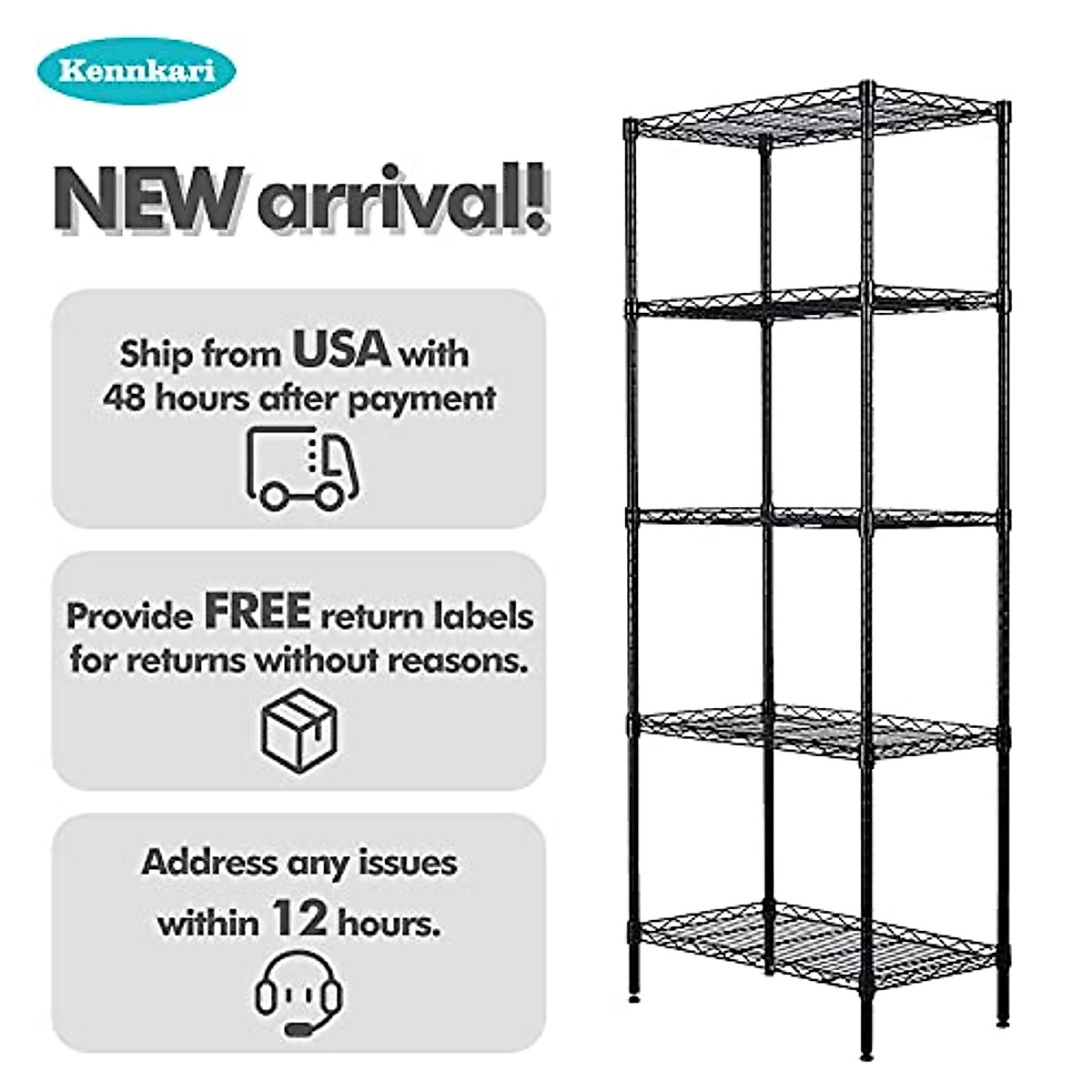 Kennkari 5 Tier Adjustable Metal Shelf Organizer Rack for Pantry/Laundry/Bathroom/Kitchen/Dorm, 3 Tier Small Interlocking Wire Storage Shelves, Free Standing Shelving Unit