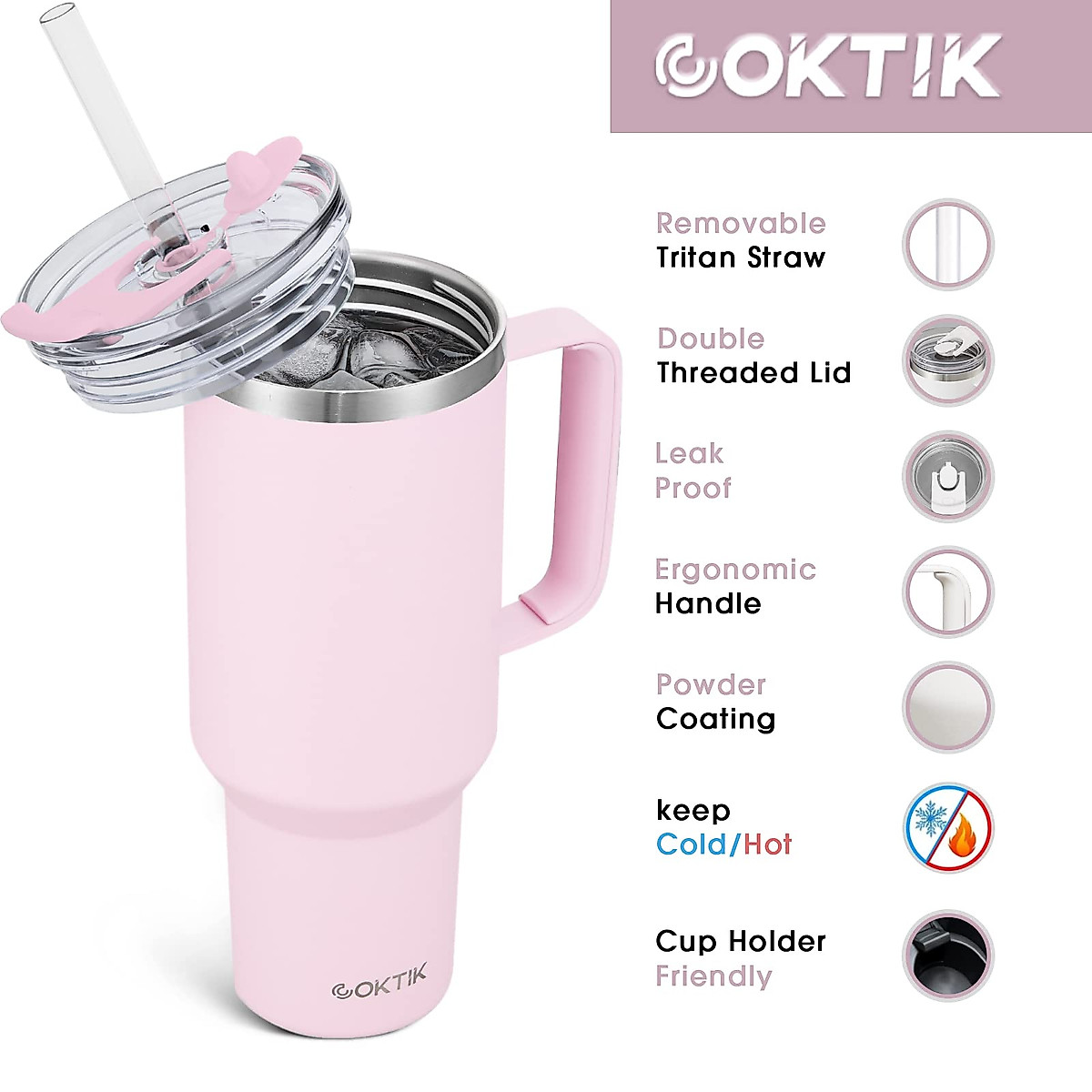COKTIK 40 oz Tumbler With Handle and Straw Lid, Vacuum Insulated Travel Coffee Mug Stainless Steel Insulated Cup for Beverages, Leak-proof, Cupholder Friendly (Blush)