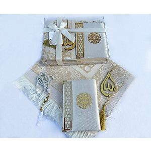SAIKA Prayer Rug Set with Thanks Card, Full Arabic Quran Prayer Rug, Beads and Car Hanger Set,Ramadan Eid Wedding Birthday Graduation Mother's Day (Cream)