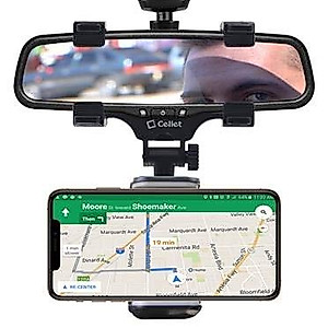 Cellet Vehicle Rear View Mirror Phone Holder Mount Universal Smartphone Cradle Compatible to iPhone 14 Pro Max Plus 13 12 11 XR XS SE Galaxy Z Flip Z Fold S22 S21 S20 S10 Google Map GPS Navigation