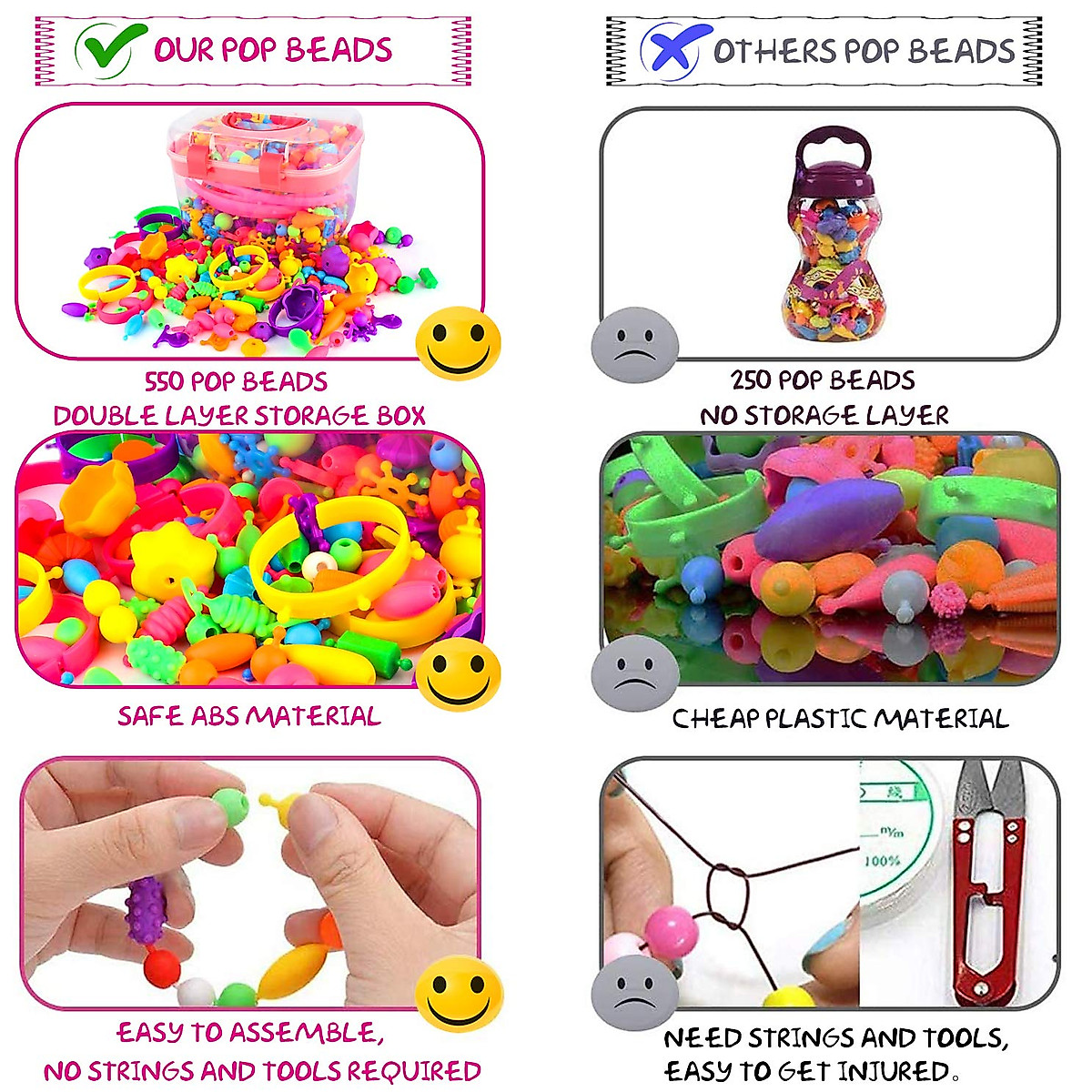 YFZYT Snap Pop Beads for Girls Toys, 550+ Pcs Jewelry Making Kit for Toddlers 3 4 5 6 7 Year Old, Kids Pop Beads Art and Craft Kit DIY Hairband Bracelets Necklaces Rings Toys Birthday Christmas Gifts