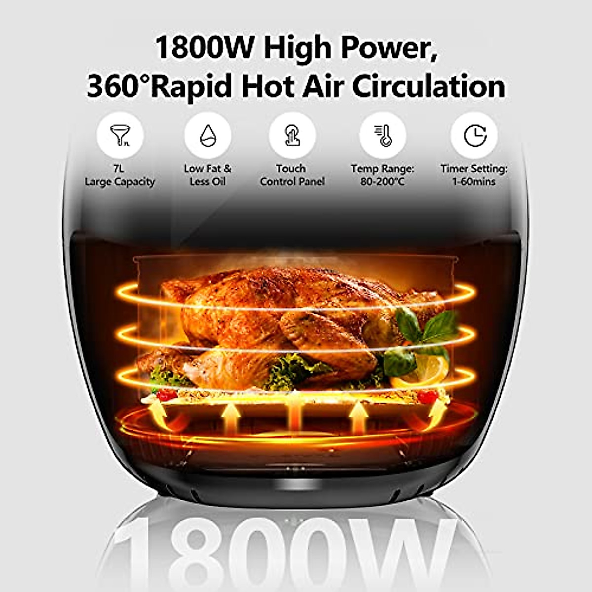 Air Fryer 7.4 QT Large Capacity with 7 in 1 Menus LED Touch Screen Adjustable Time/Temp Control Air Fryers for Home Use Oil-Free Cooking 1800W Electric