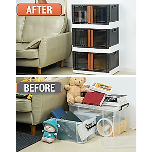 kenvc Plastic Storage Bins with Lids (3 Packs), 34Qt Clear Stackable Storage Bins for Closet Organizers and Storage with Wheels, Stackable Storage Bins with Lids and Doors