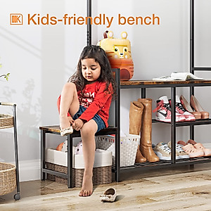 ODK Parent-Child Hall Tree with Bench and Shoe Storage, Entryway Rack with Metal Frame and Hooks, for Entrance, Foyer, Mudroom (Rustic Brown)