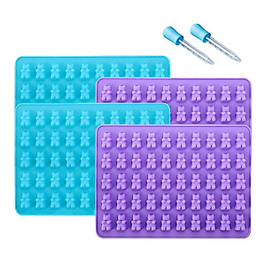 JEWOSTER Gummy Bear Silicone Molds 4 PCS,Non-stick Chocolate Candy Molds with 2 Droppers Food Grade