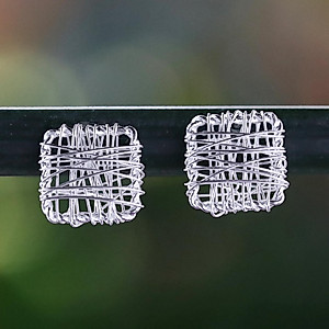 NOVICA Artisan Sterling Silver Stud Earrings Wrap Square Made Thailand No Stone Geometric [0.3 in L x 0.3 in W] ' Crisscross Square'