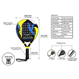 Padel Racket Racquet Carbon Fiber Power Lite EVA Foam POP Tennis Racquets (Black)