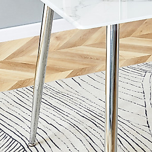 JBFF Modern Minimalist Glass, 0.3" Thick Imitation Marble Coffee Sliver Metal Legs, Rectangle Table for Kitchen Dining Living Room Restaurant, 51" x 31.4" x 30", White