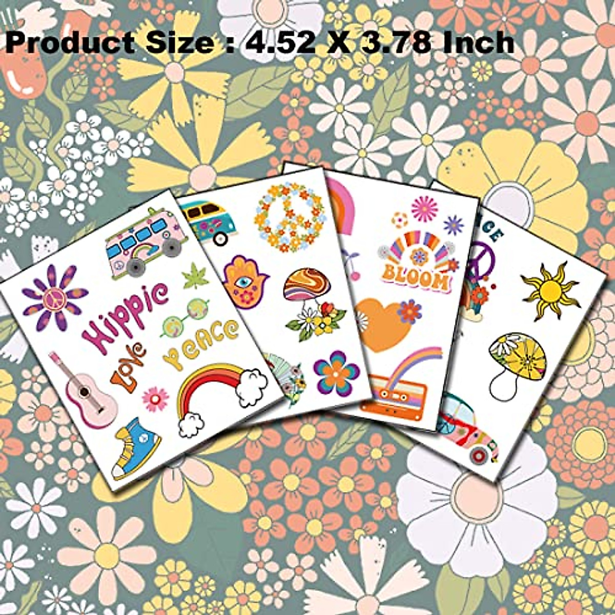 Ooopsiun Hippie Temporary Tattoos for Kids - 70 Styles,Groovy 70s Peace and Love Flower Power Birthday Party Favors for Boys Girls