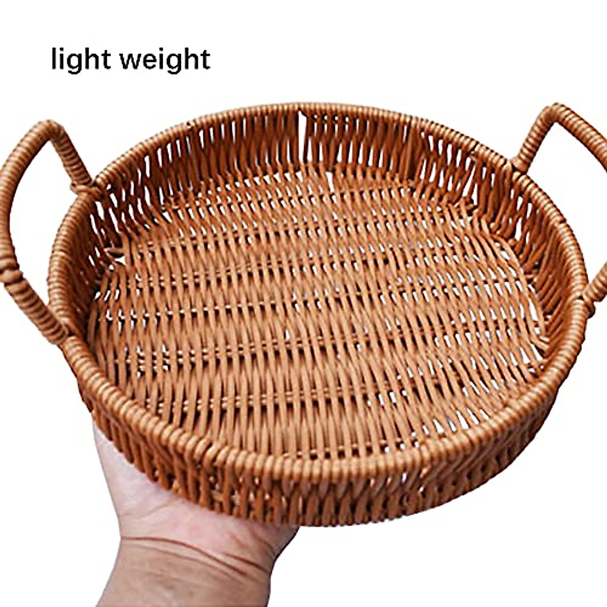 3 Pack Woven Serving Tray with Handles, Imitation Rattan Woven Tray, Hand-Woven Tray,Woven Basket, Storage Basket, Round Double Handle (Imitation Rattan, Brown)