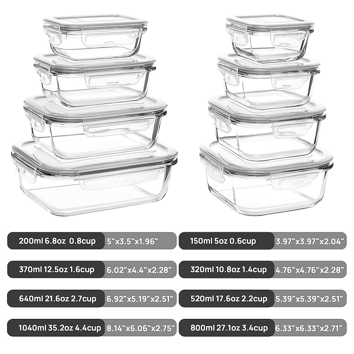 Vtopmart 8 Pack Glass Food Storage Containers with Airtight Lids, Glass Meal Prep Containers, Bento Boxes for Lunch, for Microwave, Oven, Freezer and Dishwasher, BPA Free