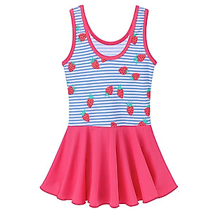 BAOHULU Toddler Girls Swimsuit One Piece Cute Floral Dress Swimwear 3-8 Years S283_StrawberryBlue_140/146