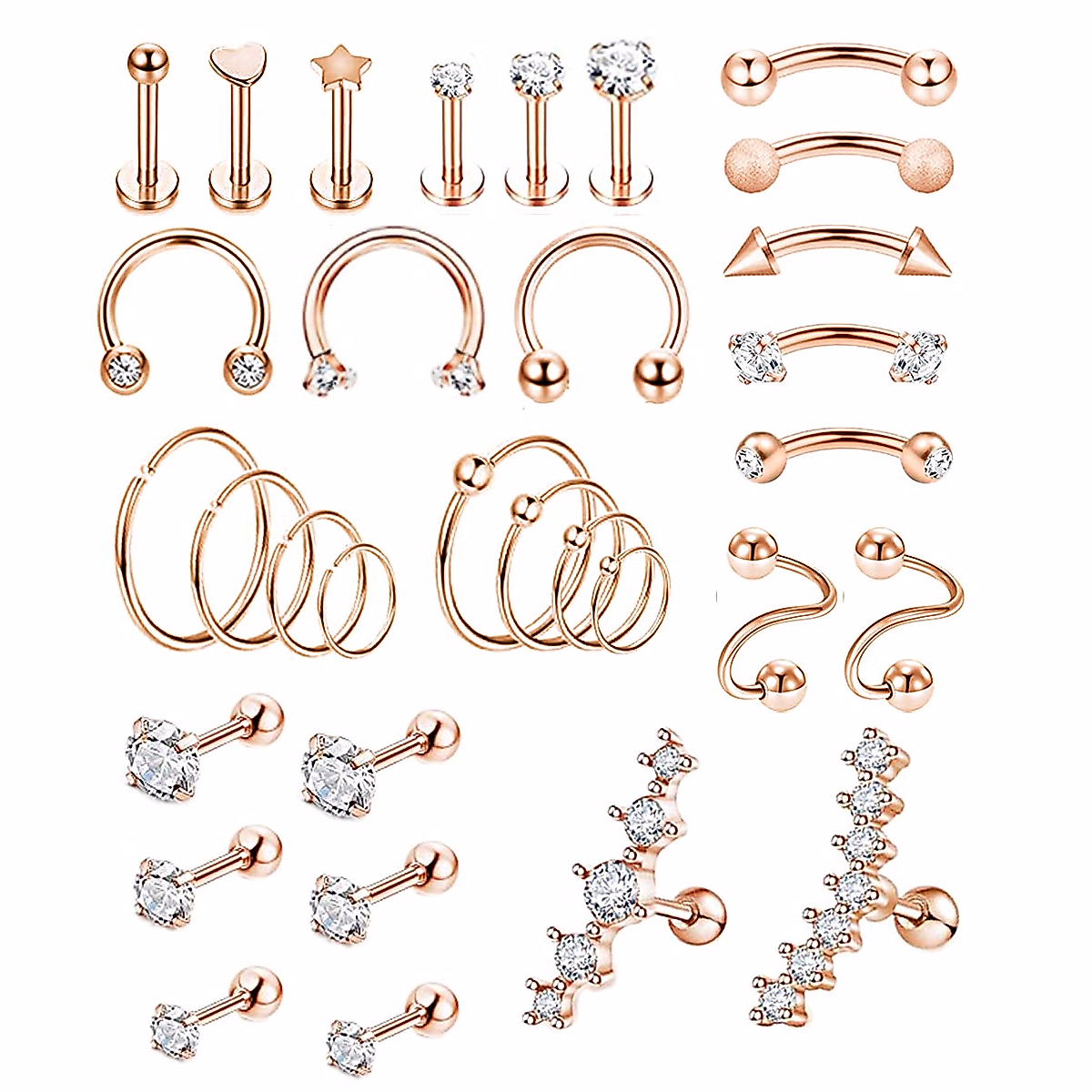 REVOLIA 32Pcs Stainless Steel Cartilage Stud Earrings for Women Conch Helix Tragus Daith Conch Hoop Earing Piercing Jewelry Set Rose-Gold