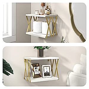 Afuly Floating Nightstand Wall Mounted, 12 Inch Bedside Table for Bedroom Storage Decor, Modern White Gold Wall Shelves for Home Livingroom Bathroom Kitchen Decor