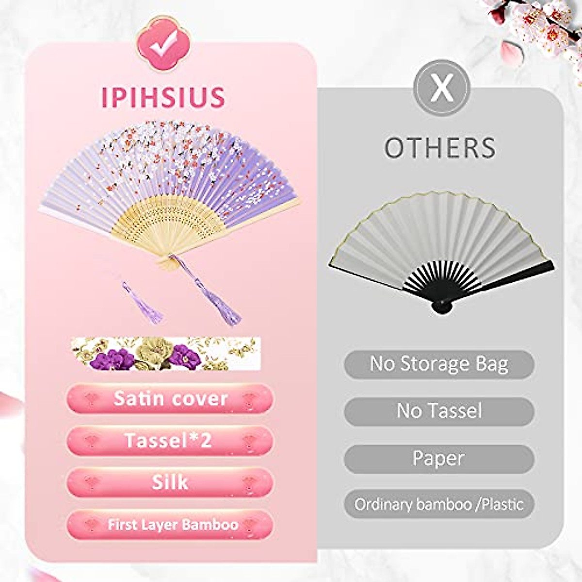 iPihsius Folding Fan, Slik Folding Hand fan with First Layer Bamboo, with Storage Bag, 2Pcs Tassels, For Cooling, Performances, Decorations, Gifts, Classic Ink Plum Gradient Violet