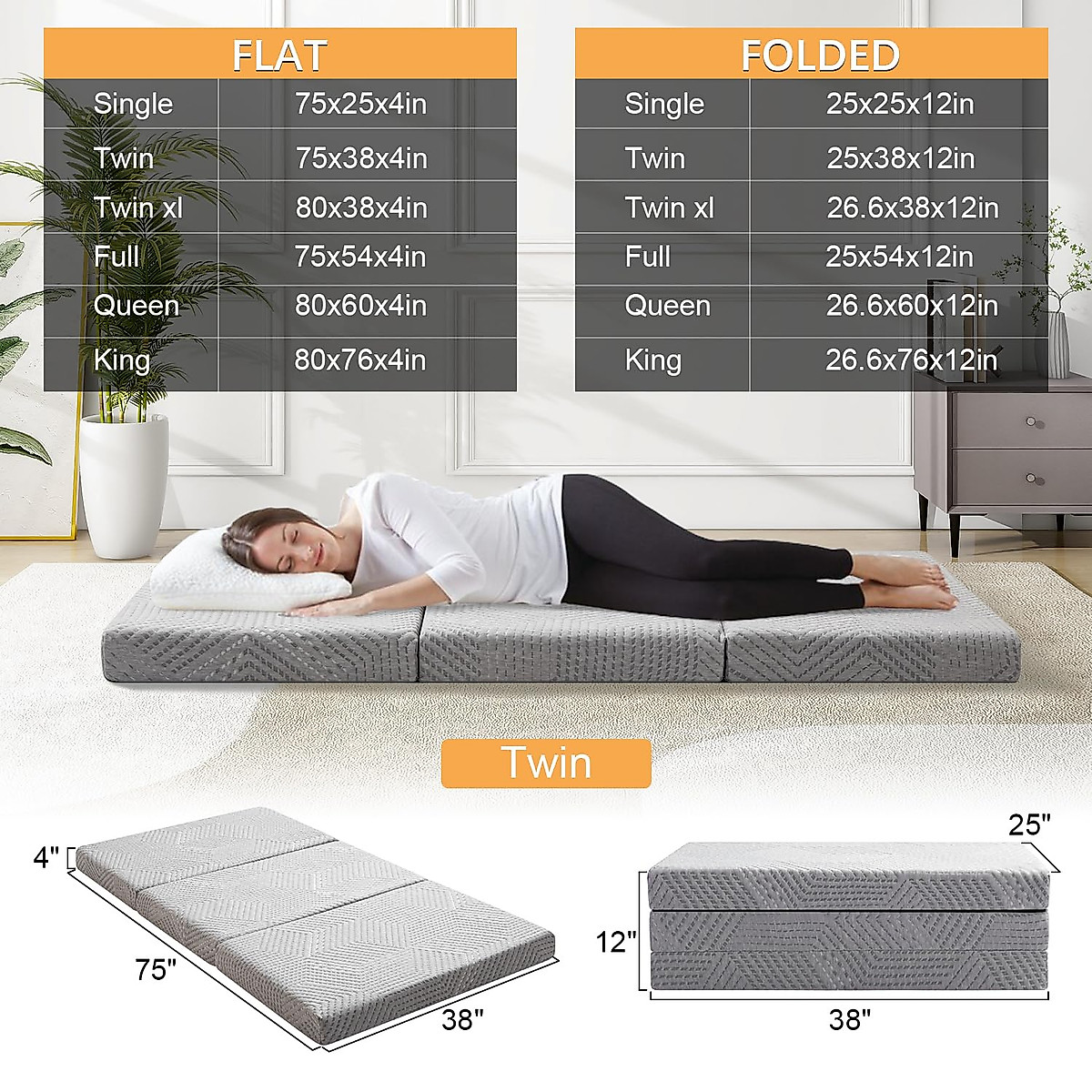 MUUEGM Tri Folding Mattress 4 Inch Twin Trifold Memory Foam Mattress Foldable Bed Mattress with Washable Cover Portable Mattress for Yoga/Camping/RV/Guest Beds,CertiPUR-US Certified,Grey