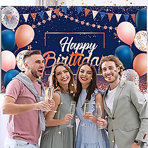 Happy Birthday Decorations Backdrop, Glitter Birthday Backdrop Sign, Happy Birthday Banner, Birthday Party Supplies Photo Background for Children Men Women, 72.8 x 43.3 Inch (Rose Gold and Navy Blue)