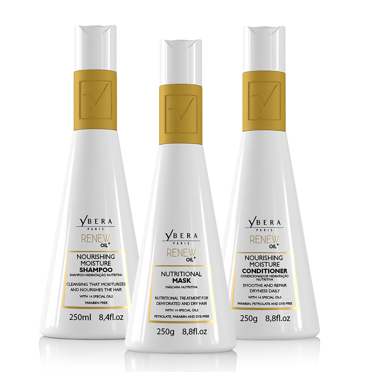 YBERA PARIS Renew Oil Home Care Kit, Anti-age, Powerful Antioxidant, High Emollient Power, Fights Free Radicals, Nutritious Shampoo 8.4 & Conditioner 8.8 & Mask 8.8 Oz Daily Care with Olive Elixir