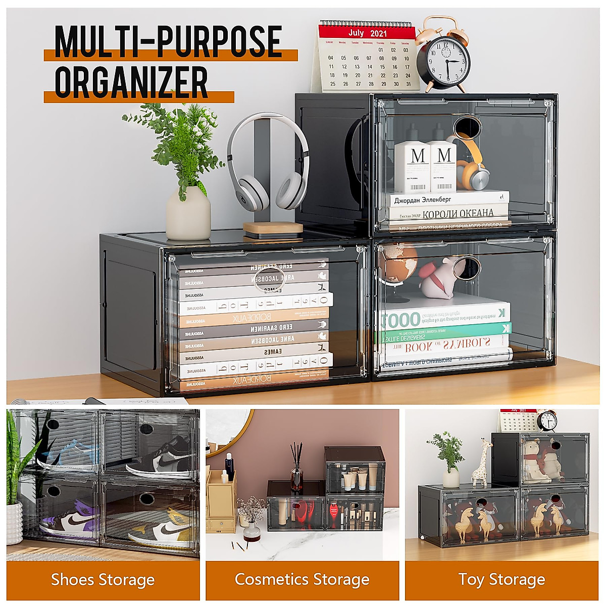 KEFA XL Shoe Storage Box Organizer, 8 Pack Shoe Boxes Clear Plastic Stackable, Sneaker Display Case Container Fit for US 13 (Side 8 PACK BLACK)