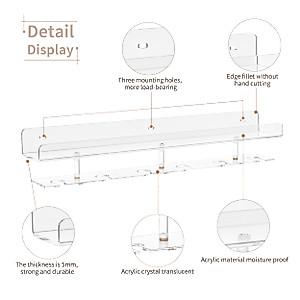 Hexsonhoma 24'' Clear Wine Glass Holder Wall Mounted 2 Pack, Acrylic Wall Bar Shelf with Removable Glasses Holder, Floating Bar Shelves for Wine Bottles, Liquor Bottles, Glasses