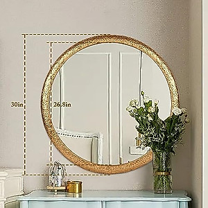 Varsoul 30 * 30in Antique Gold Decorative Metal Framed Round Wall Mirror，Decorative Accent Wall Mirrors Modern for Living Room, Entryway, Foyer, Hallway, Bedroom