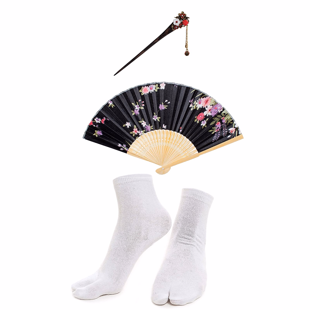 Japanese Anime Women's Dance Kimono Robe Fancy Dress Yukata Silk Folding Fans Tabi Hairstick Socks Set Black Large