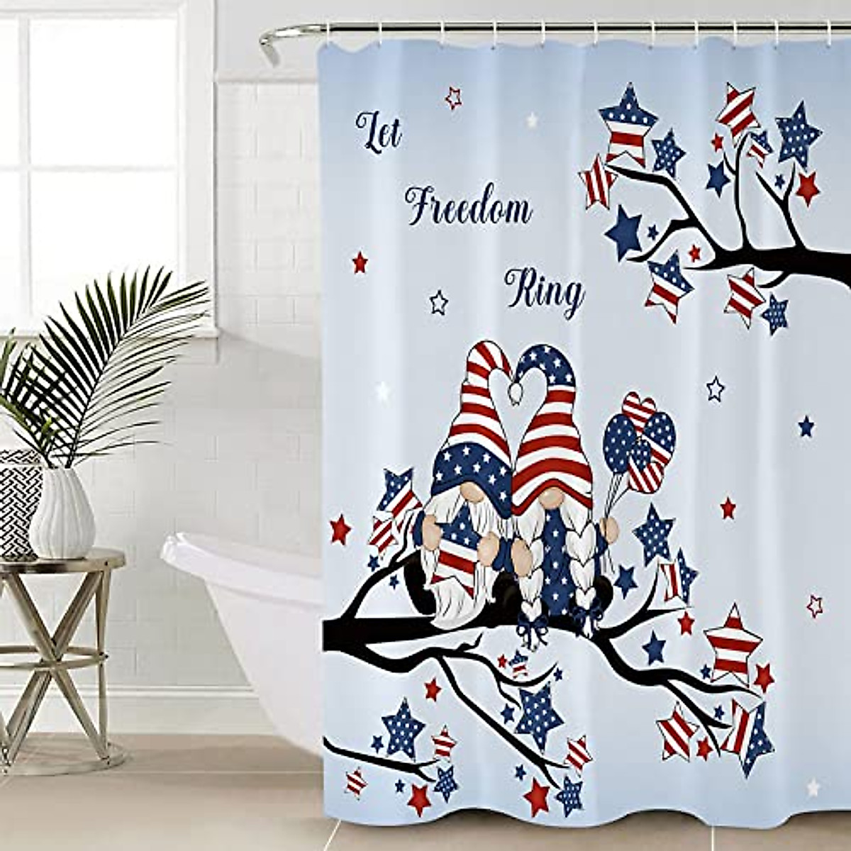 4Pcs Bath Set Home Decor, Freedom Gnomes Bathroom Waterproof Shower Curtain with Hook, 4th of July Patriotic Memorial Flag Day Large Runner Rugs, Toilet Lid Cover and U-Shaped Bath Mat, 66"x72"