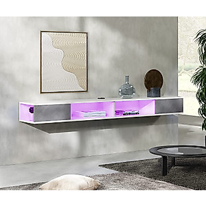 WAMPAT Floating 70 inch TV Stand with 16-Color LED Lights, Entertainment Center Media Console, Wall Mounted Shelf Media Console Cabinet with Storage for 65/70/75 Inch TVs, White&Grey