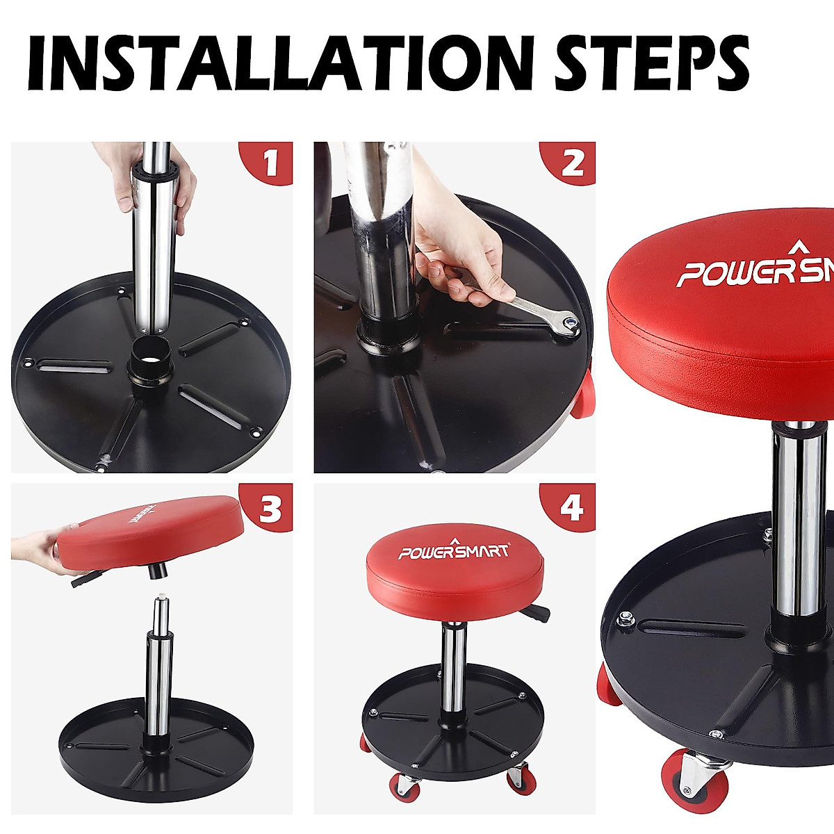 PowerSmart Rolling Mechanics Seat, 300 LBS Capacity Heavy-Duty Pneumatic Adjustable Garage Stool with Tool Tray Storage