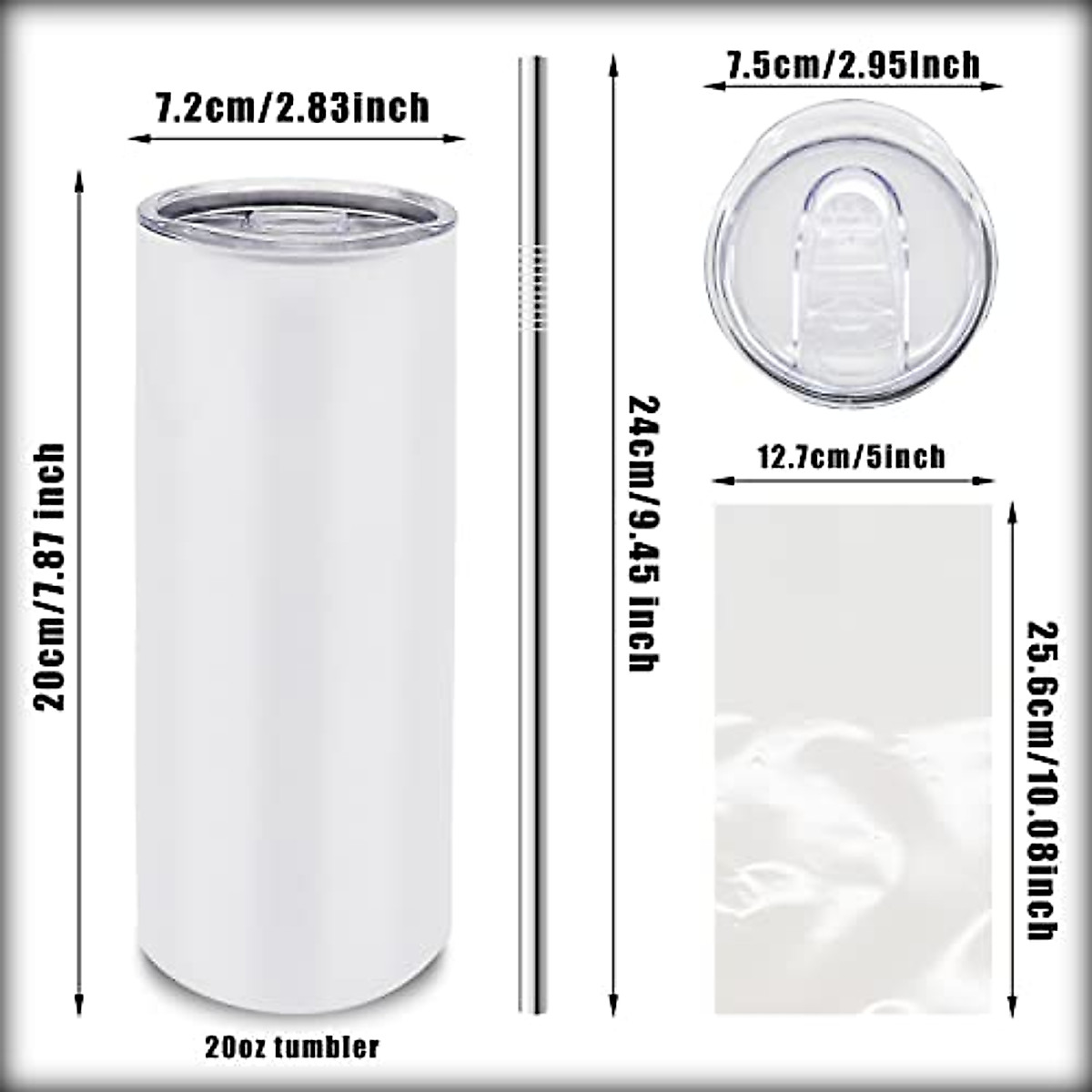 AQUAPHILE Sublimation Tumblers Blanks Skinny Tumbler 4 Pack White 20 OZ Straight Stainless Steel Double Wall Insulated Cups with Metal Straw Vacuum Tumbler Travel Mug for Hot Cold Drinks DIY Gifts