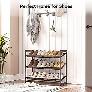 HOOBRO Metal Shoe Rack, 3 Tier Shoe Rack for Closet, Holds 9-12 Pairs of Shoes, 29.5" W x 11.6" D x 24" H, Stackable, for Entryway, Hallway, Living Room Bronze AB62XJ01