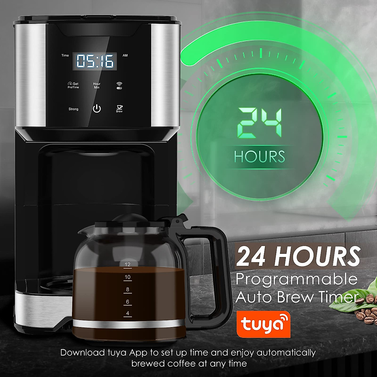 HOMOKUS 12 Cup WIFI Coffee Maker, Programmable Coffee Maker, Drip Coffee Machine Stainless Steel with Brew Strength Control, LCD Screen, Anti-Drip System