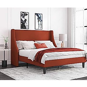 Allewie Queen Bed Frame, Platform Bed Frame Queen Size with Upholstered Headboard, Modern Deluxe Wingback, Wood Slat Support, Mattress Foundation, Burnt Orange