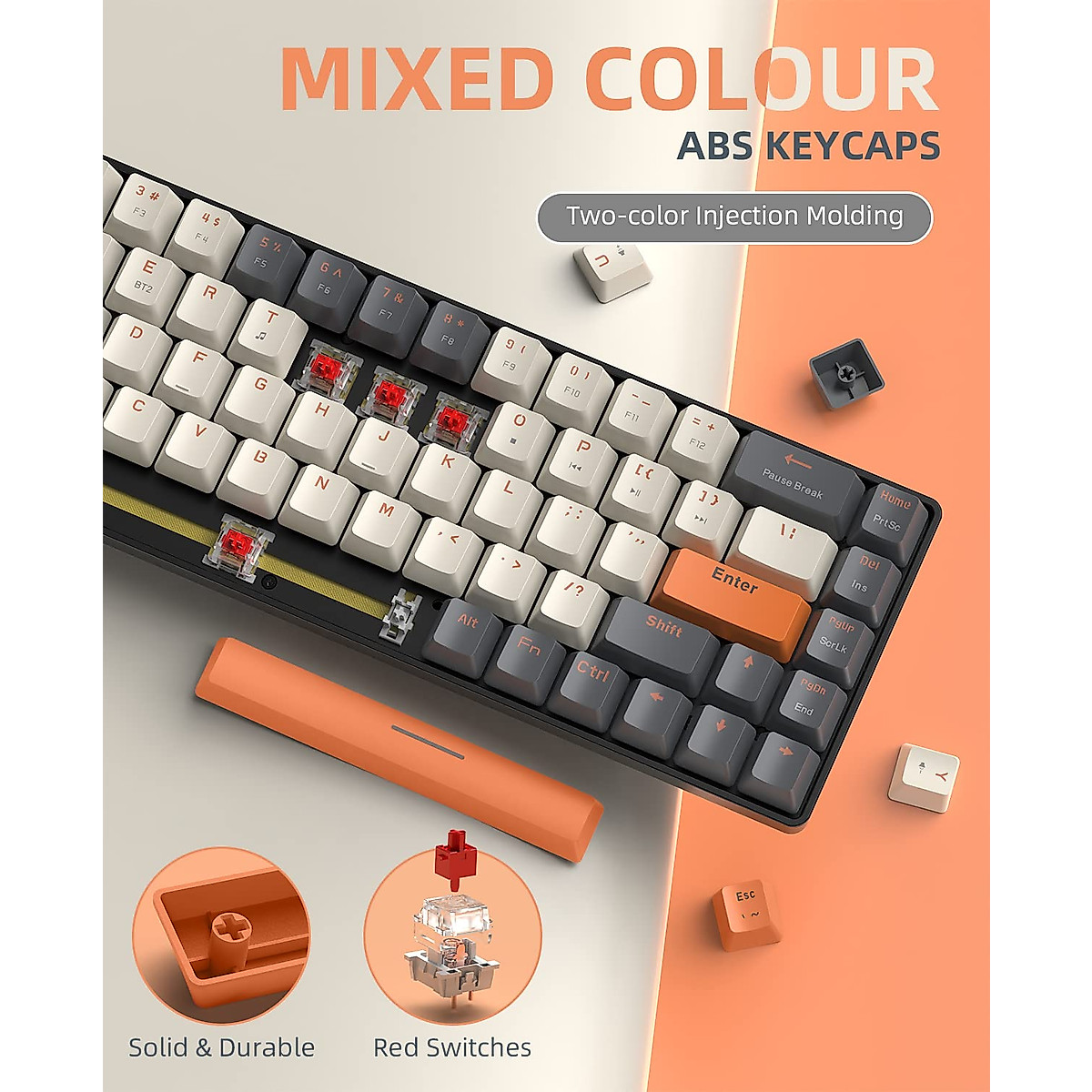 ZIYOU LANG RK68 60% Wireless Mechanical Keyboard, Bluetooth 5.0/2.4Ghz Dual Mode 2-in-1 USB-C Receiver Mini Mechanical Keyboard, Hot Swappable Red Switch Gaming Keyboard for PC/MAC/Laptops