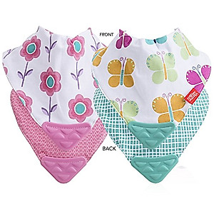 Nuby Reversible 2 Piece Teething Bib, Pink Flower, Aqua Butterfly, 3 mo +