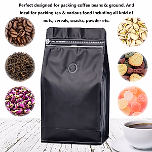 50 Pack Coffee Bags with Aluminum Foil and Degassing Valve, Resealable High Barrier Storage Bags, Odor-Proof for Coffee Beans, Stand Up Coffee Pouch, Flat Bottom (Large-16OZ, Black)