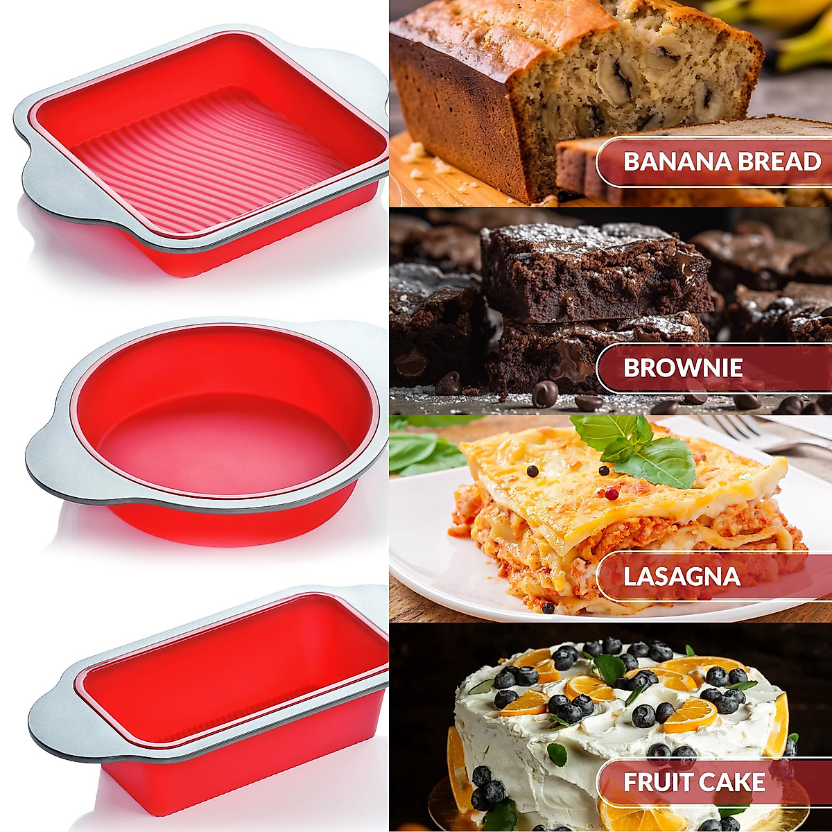 Boxiki Kitchen Silicone Baking Pans Set. 3 PCS Professional Silicone Non-Stick Baking Cake Pans Set includes Silicone Round Cake Pan, Square Cake Pan and Bread Loaf Pan.